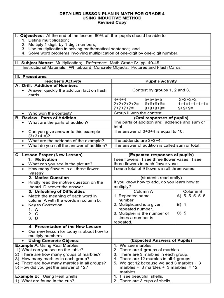 Detailed Lesson Plan in Math Grade 4 Inductive Method | PDF ...