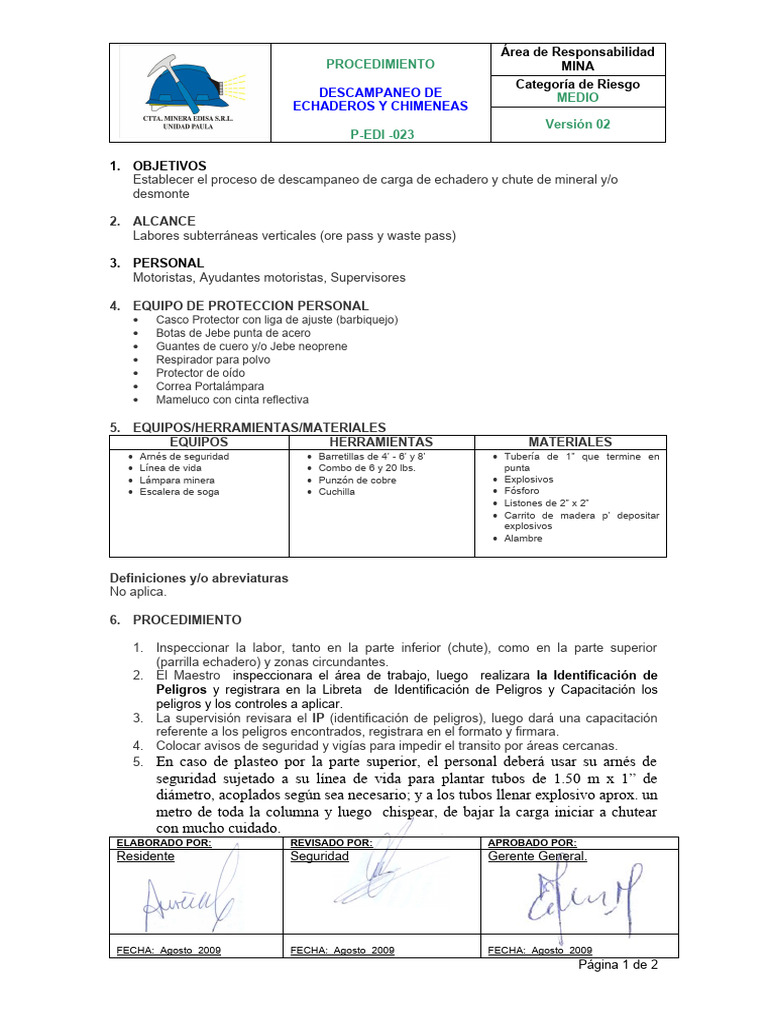 P-EDI-023 Descampaneo de Chimeneas (Ore Pass - Waste Pass) | PDF