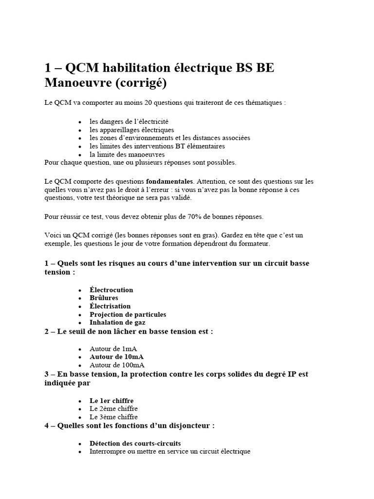 QCM Habilitation Électrique BS BE | PDF | Électromagnétisme | Électricité
