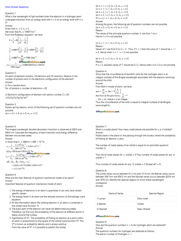 AP Inter 1st Year Chemistry Important Questions Chapter 1 Atomic Structure - AP Board Solutions ...