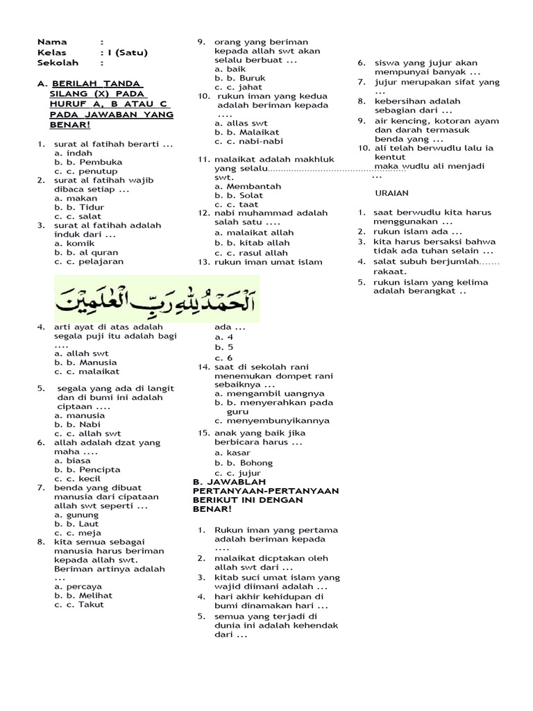 Soal UAS PAI Kelas 1 SD Semester 1 Ganjil Dan Kunci Jawaban WWW Bimbelbrilian Com | PDF