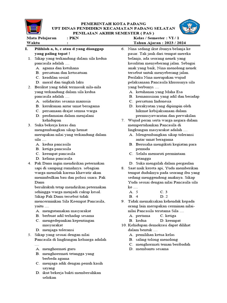 Soal Pas Kelas 6 Semester 1 | PDF