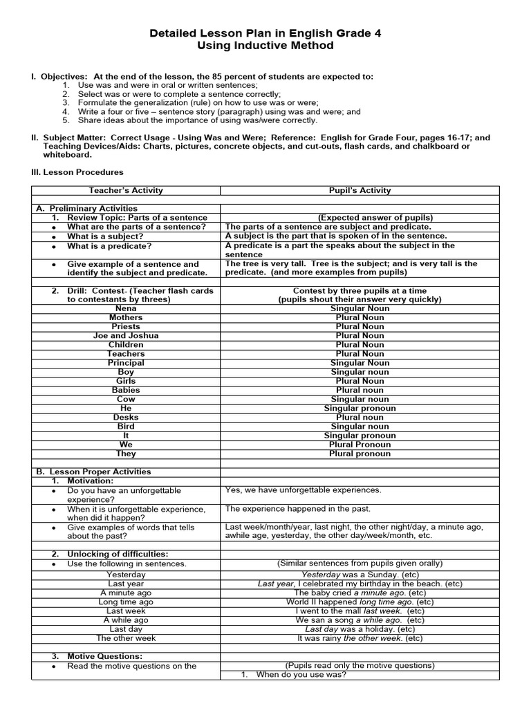 Detailed Plan in English Grade 4 - Inductive Method | PDF | Grammatical ...