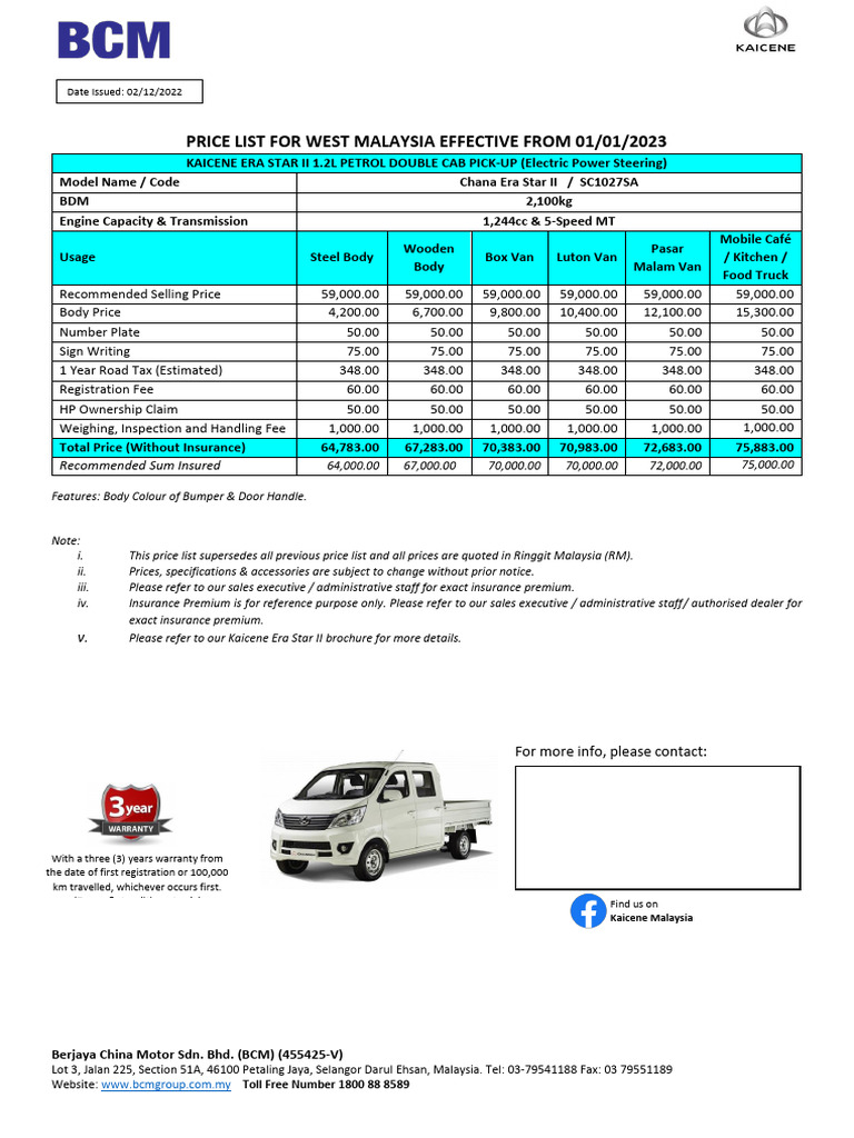 Kaicene Era Star II Double Cab Malaysia 20230101 | PDF | Truck ...