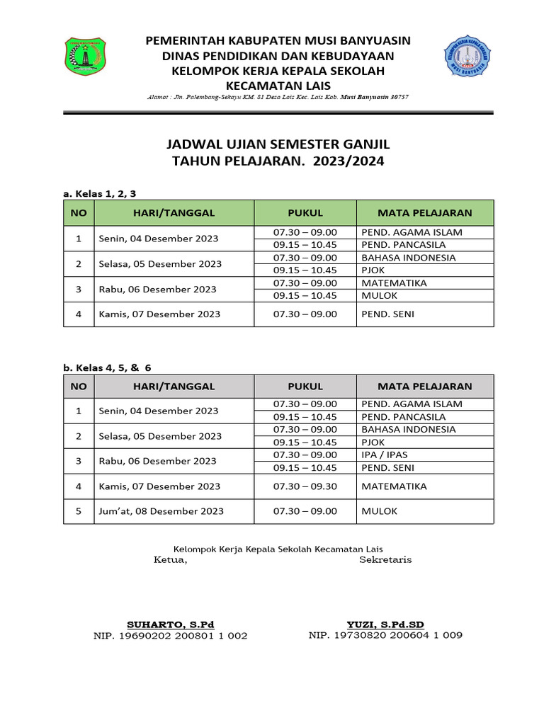Jadwal Ujian Semester Ganjil TP. 2023-2024 | PDF