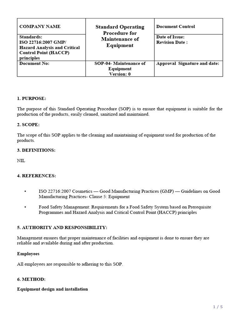 SOP for Equipment Maintenance | PDF | Hazard Analysis And Critical ...