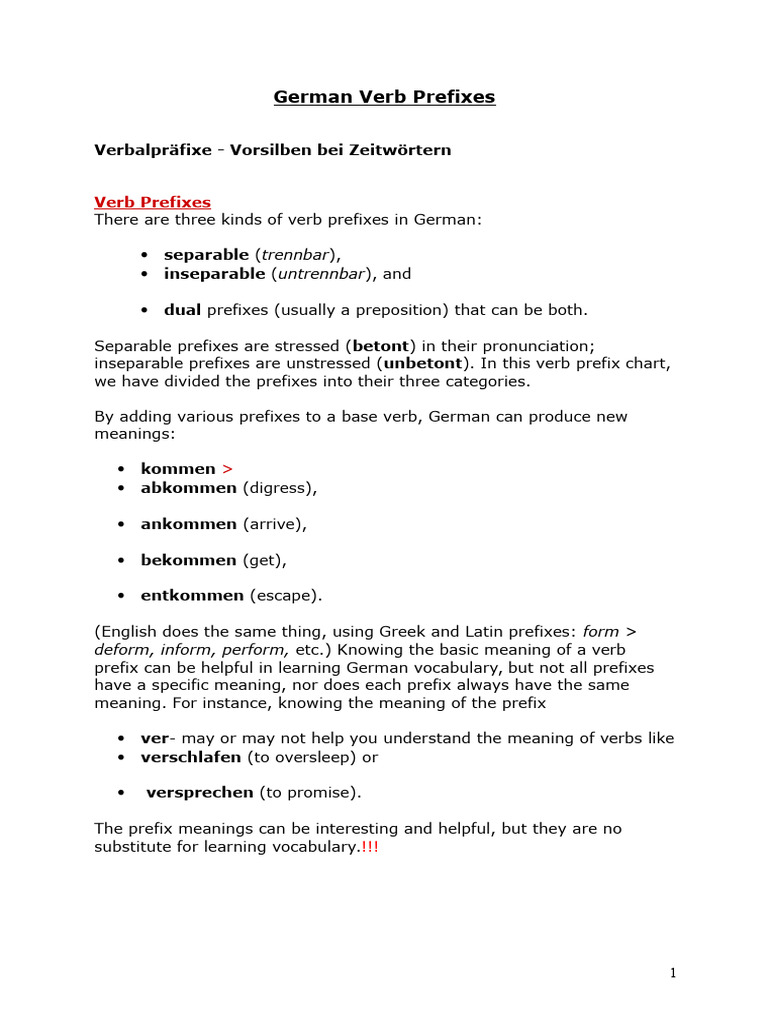 German Verb Prefixes | Download Free PDF | Perfect (Grammar ...