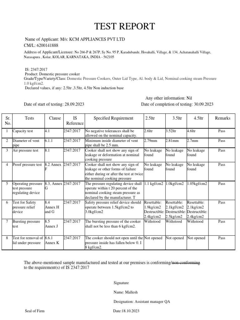Test Report Format IS 2347 | Download Free PDF | Pressure Cooking ...