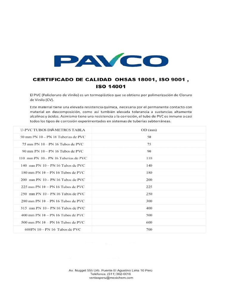 Certificado Calidad TUBERIA PVC | PDF