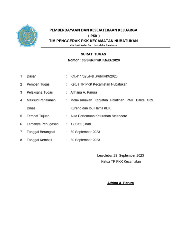 Surat Tugas PKK 2023 | PDF