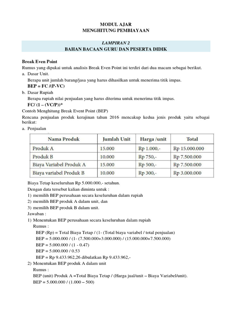 Rumus Break Even Point dalam Pembiayaan | PDF | Bisnis | Pengelolaan ...