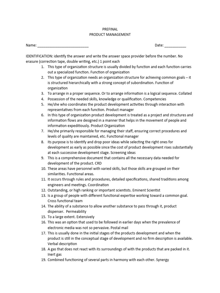 Product Management Prefinal Answersheet | PDF | Marketing | Packaging And Labeling