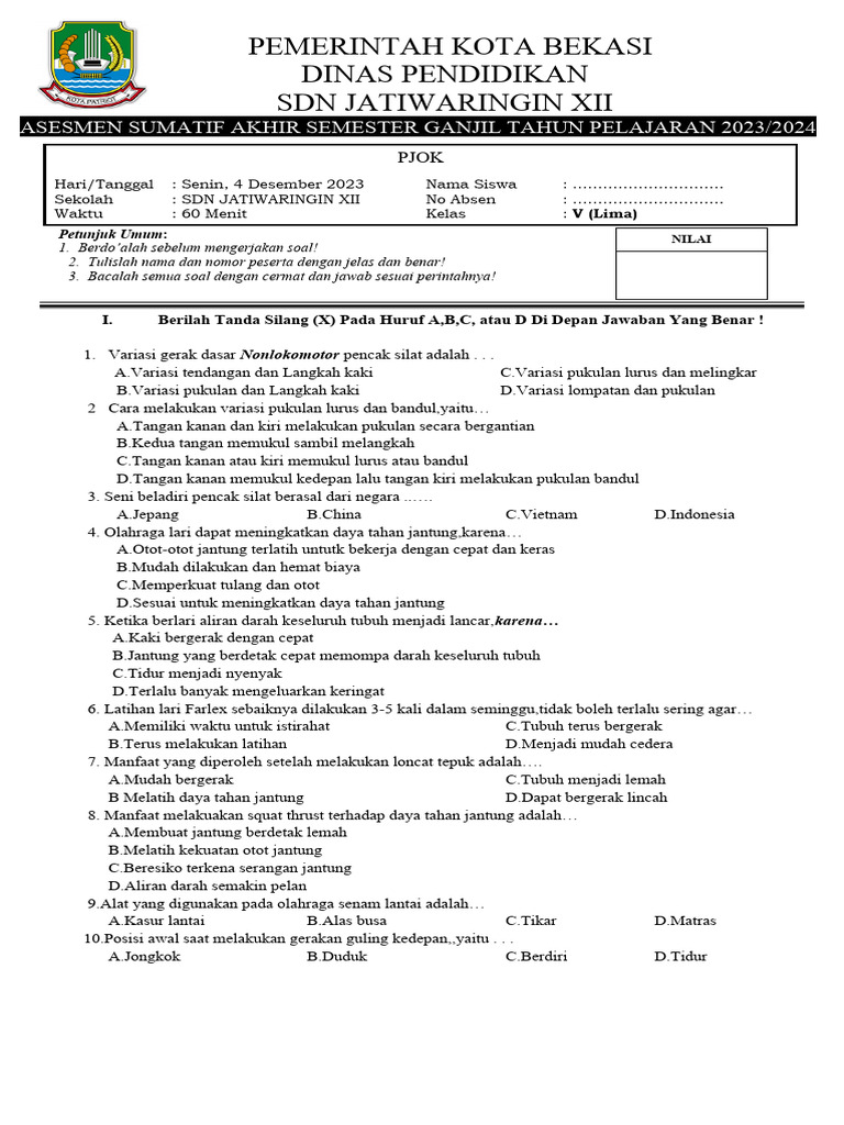 Soal Sas Pjok Kelas 5 2023 | PDF