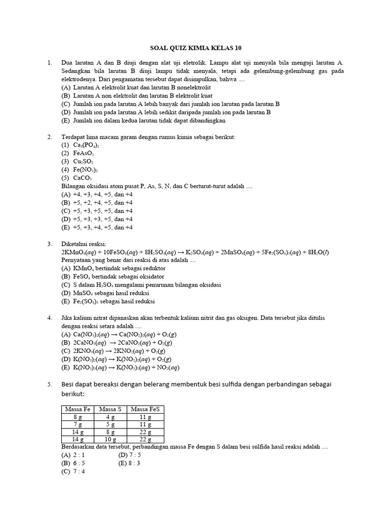 Soal Quiz Kimia Kelas 10 | PDF