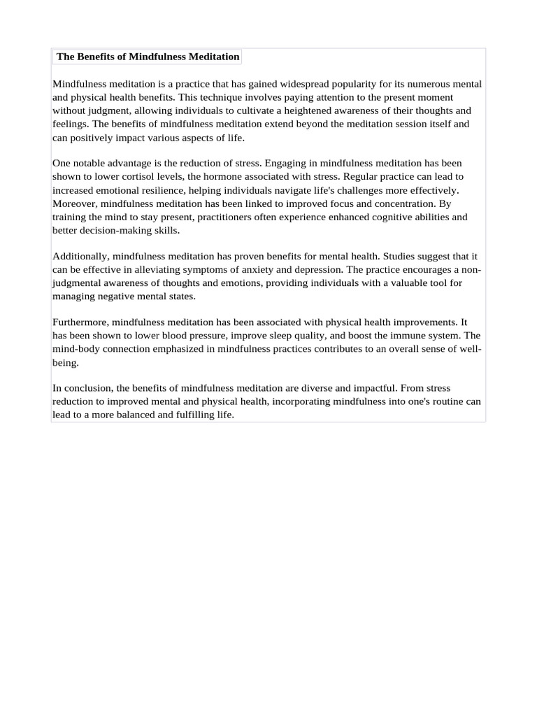 The Benefits of Mindfulness Meditation | PDF