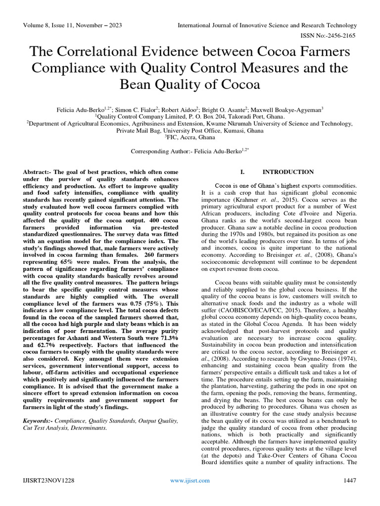 The Correlational Evidence Between Cocoa Farmers Compliance With Quality Control Measures and ...