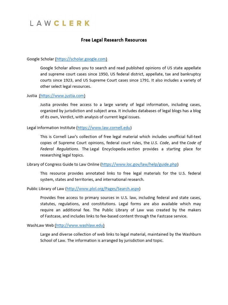 Free Legal Research Resources | PDF | Libraries | Federal Government Of ...