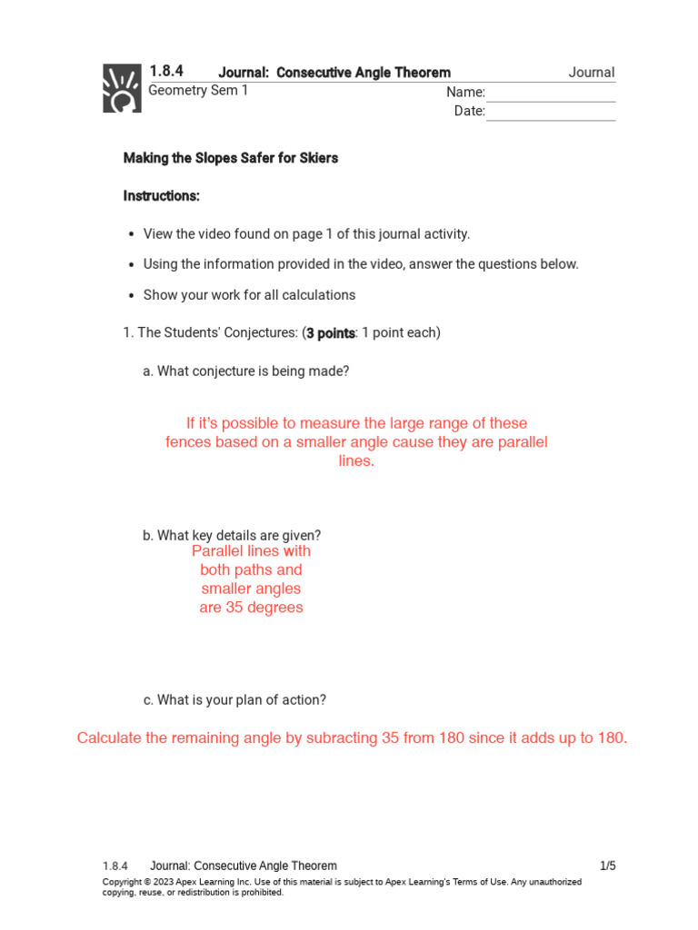 1.8.4 Journal - Consecutive Angle Theorem (Journal) | PDF