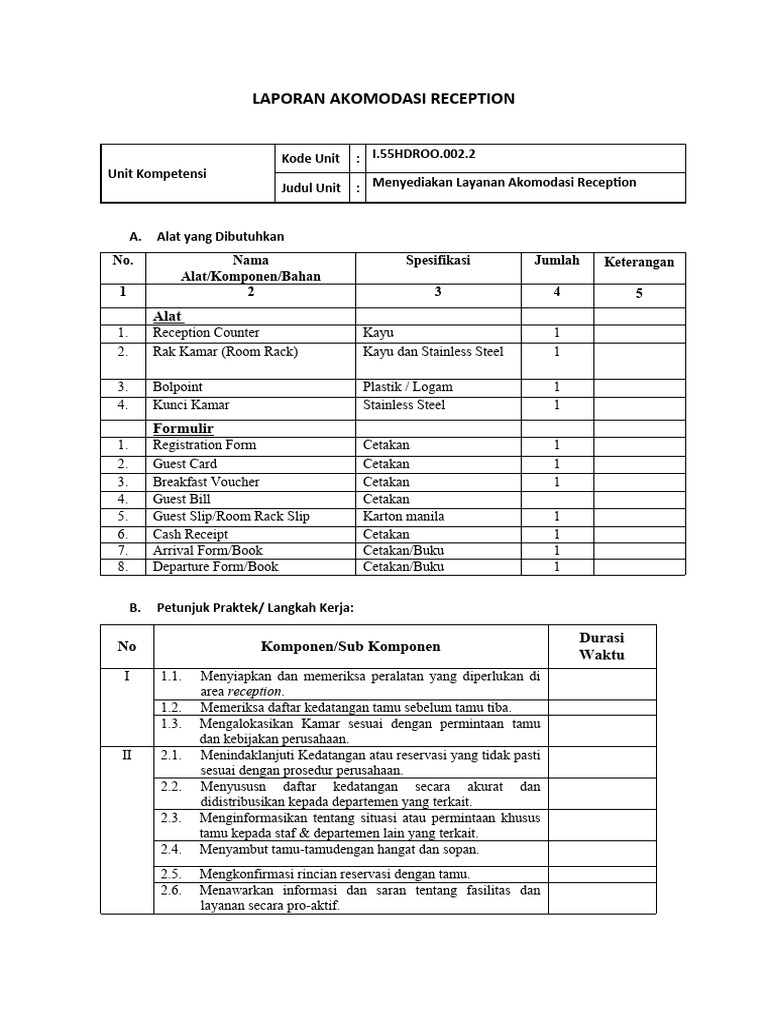 Laporan Akomodasi Reception | PDF