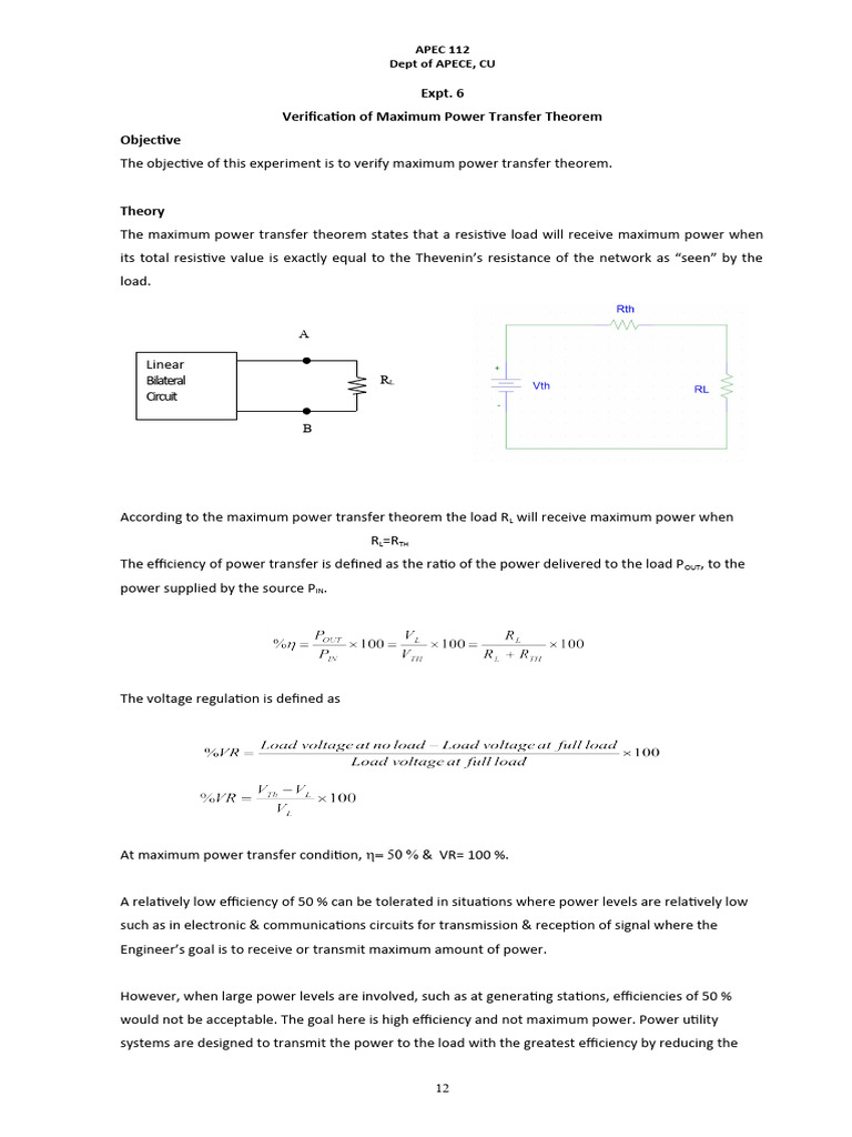 Maximum Power Transfer Theorem Verification | PDF | Electrical Network ...