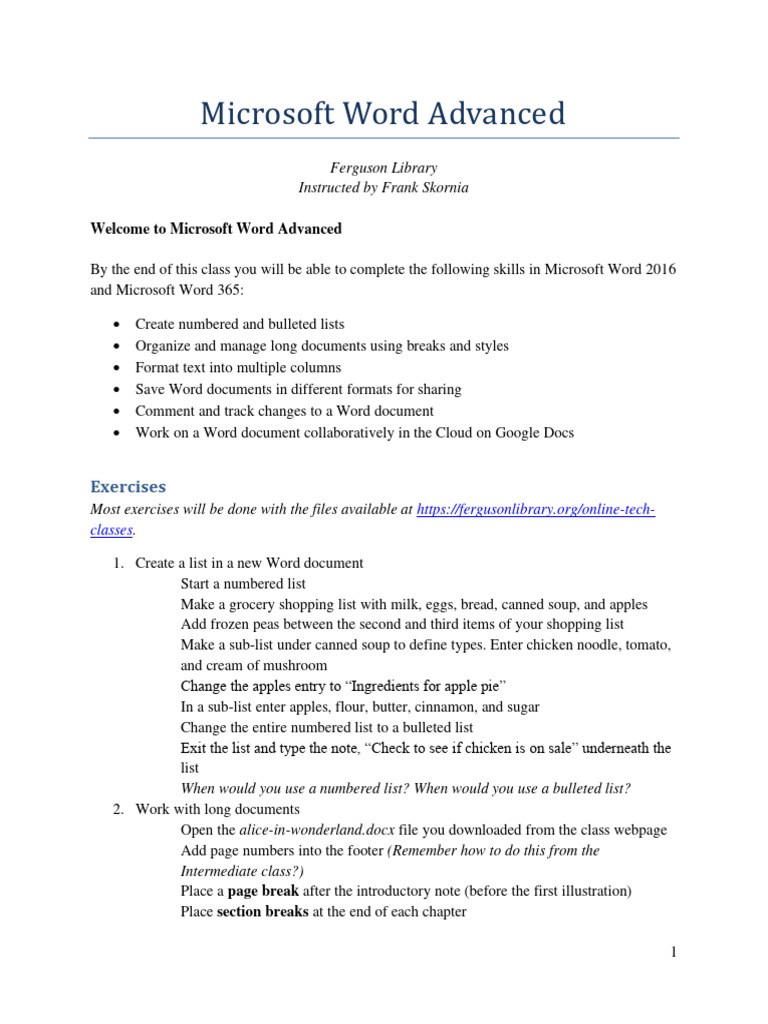Advanced Microsoft Word Skills Practice | PDF | Microsoft Word | Software