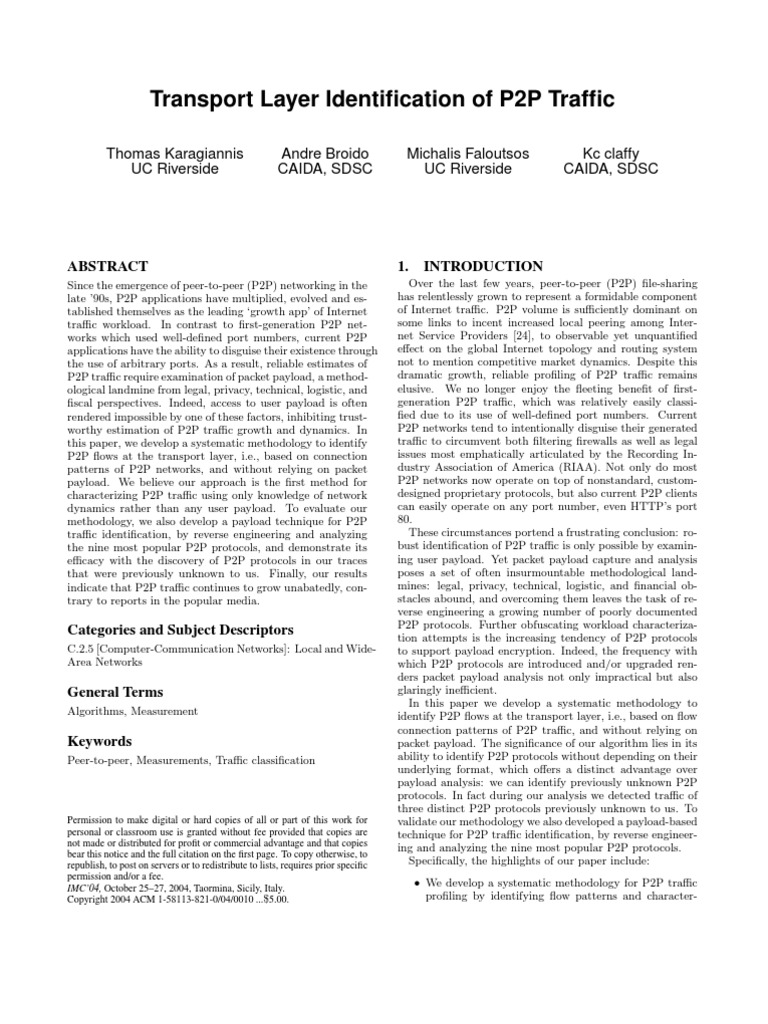 Transport Layer Identification of P2P Traffic | PDF