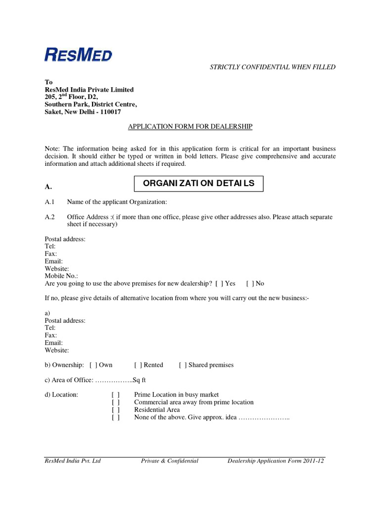 New Dealership Application Form ResMed | PDF | Business | Business Economics