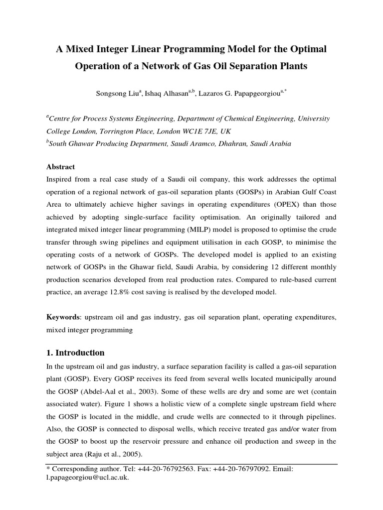 A Mixed Integer Linear Programming Model For The Optimal Operation Of A Network Of Gas Oil