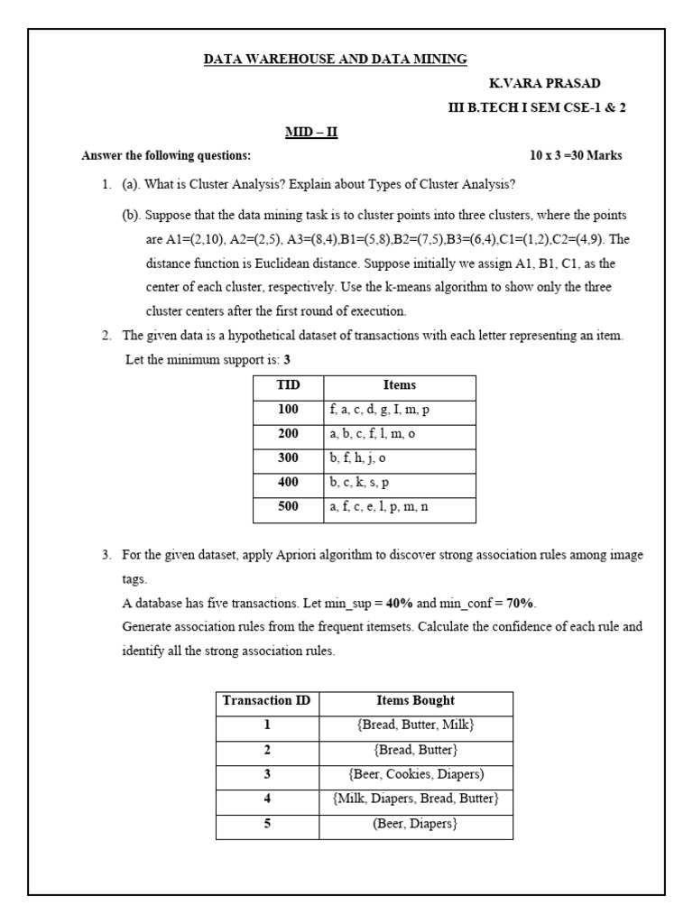 DWDM MID - 2 Question Paper and Online Bits | PDF | Cluster Analysis | Data Mining