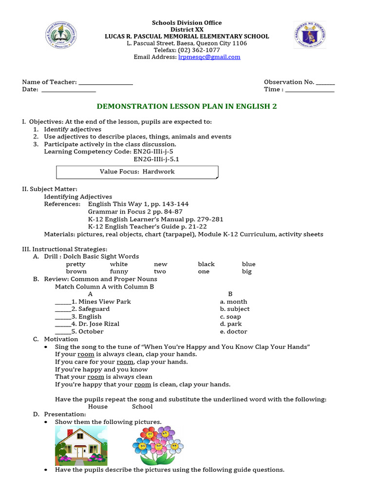 Demo Lesson Plan: Adjectives in English | PDF | Lesson Plan | English ...