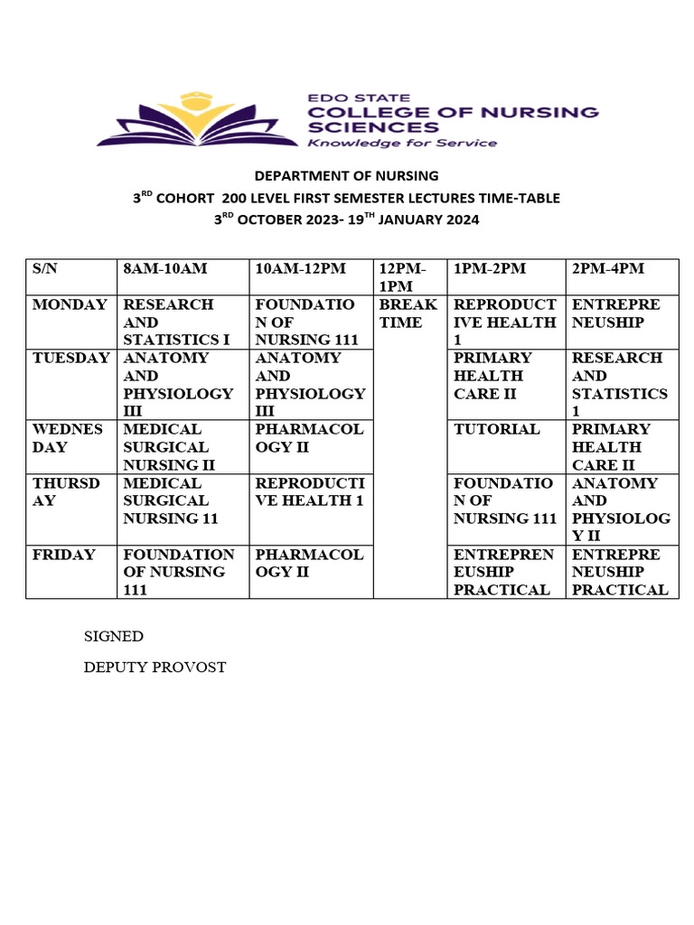 3rd Cohort Nursing Lecturer Timetable | PDF