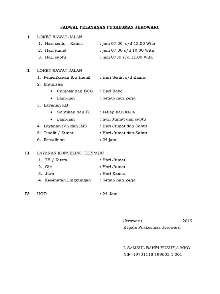 Jadwal Pelayanan Puskesmas Jerowaru Pdf