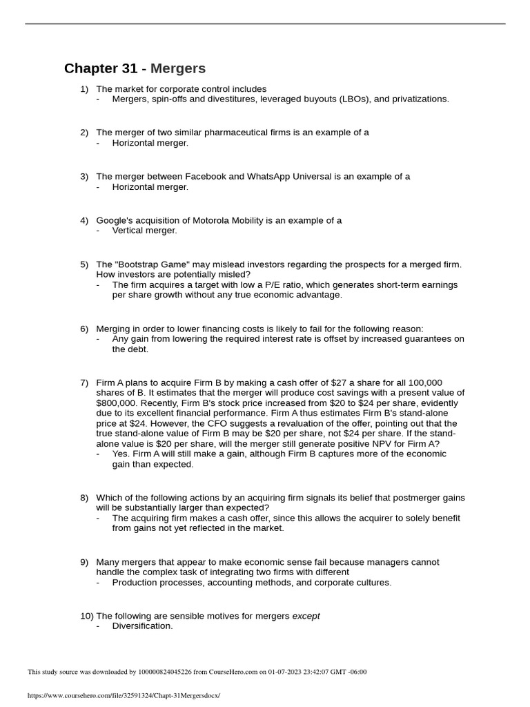 Chapt 31mergers | PDF | Mergers And Acquisitions | Book Value