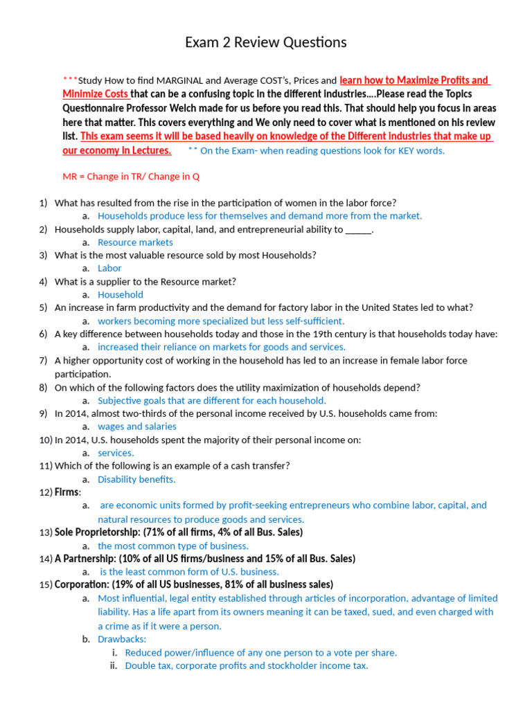 Exam 2 Review Questions | PDF | Perfect Competition | Long Run And ...