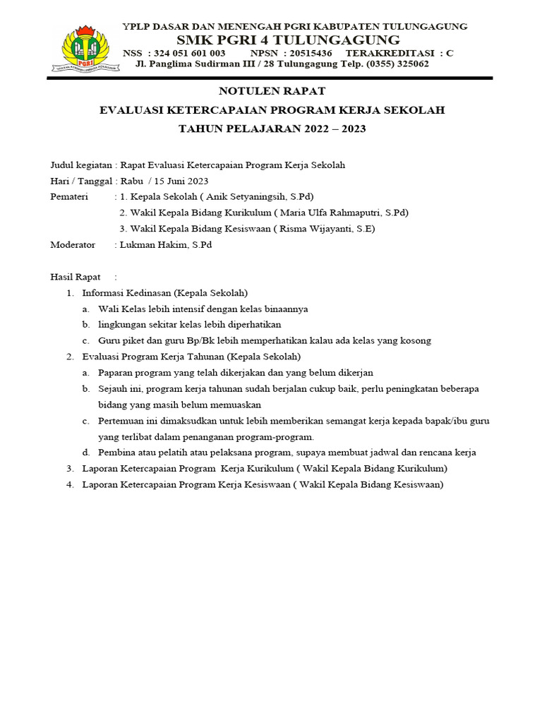 Notulen Rapat Evaluasi Ketercapaian Program Kerja Sekolah PGRI 4 | PDF