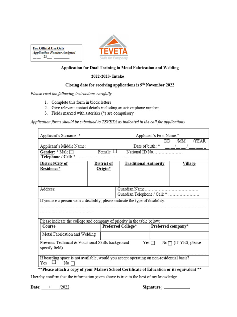 Application Form For Dual Training in Metal Fabrication and Welding | PDF