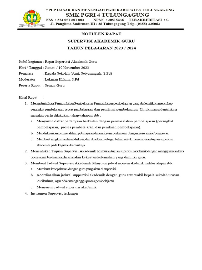 Notulen Rapat Supervisi Akademik Guru PGRI 4 | PDF