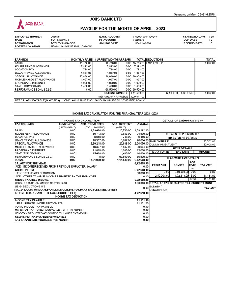 Axis Bank April 2023 Payslip Summary | PDF | Alternative Minimum Tax ...