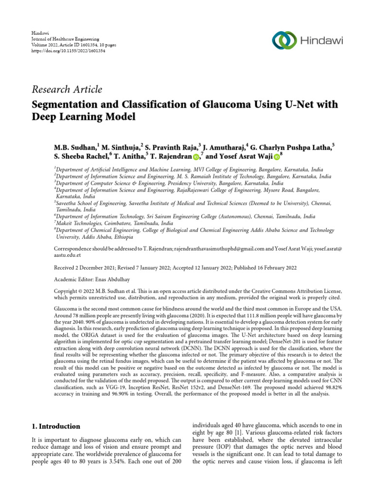 Research Article: Segmentation and Classification of Glaucoma Using U-Net With Deep Learning ...