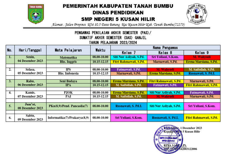 Jadwal Pengawas PAS 2023/2024 | PDF
