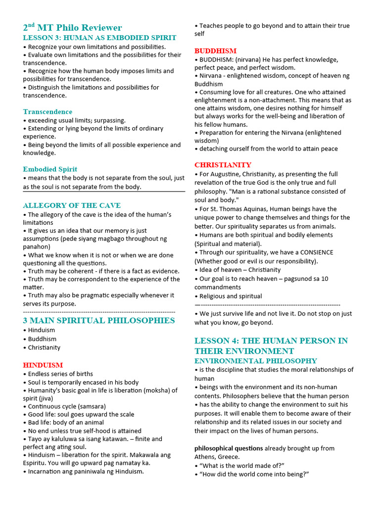 2nd MT Philo Reviewer | PDF | Soul | Transcendence (Religion)