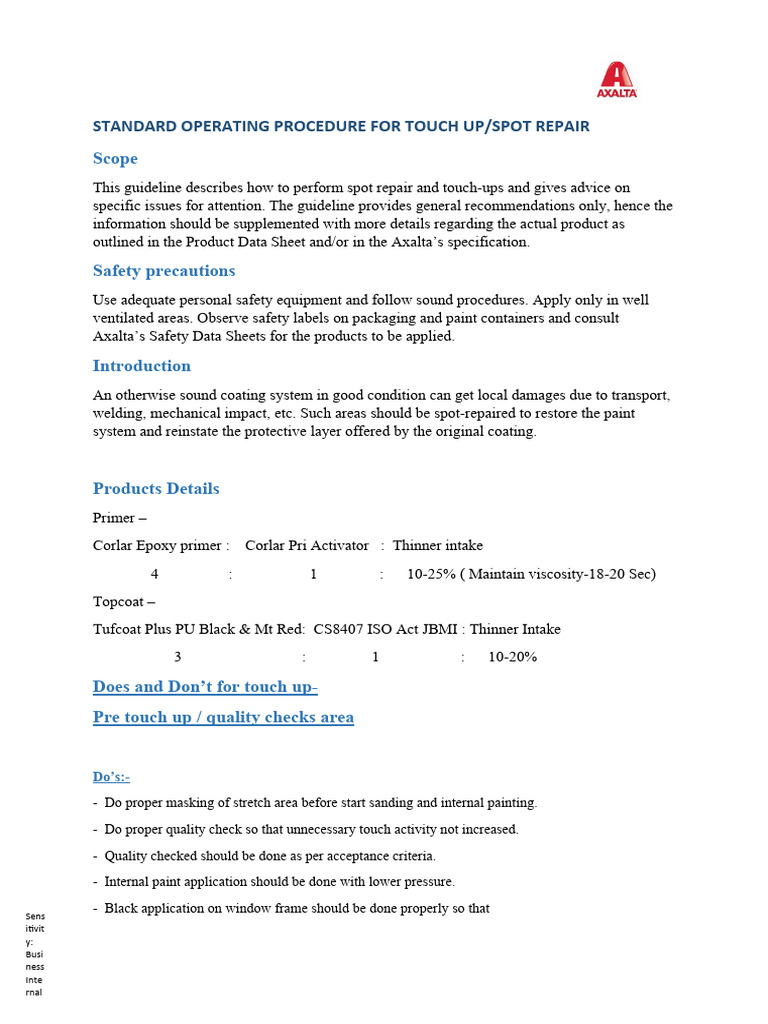 Standard Operating Procedure For Touch Up | PDF | Paint | Secondary ...