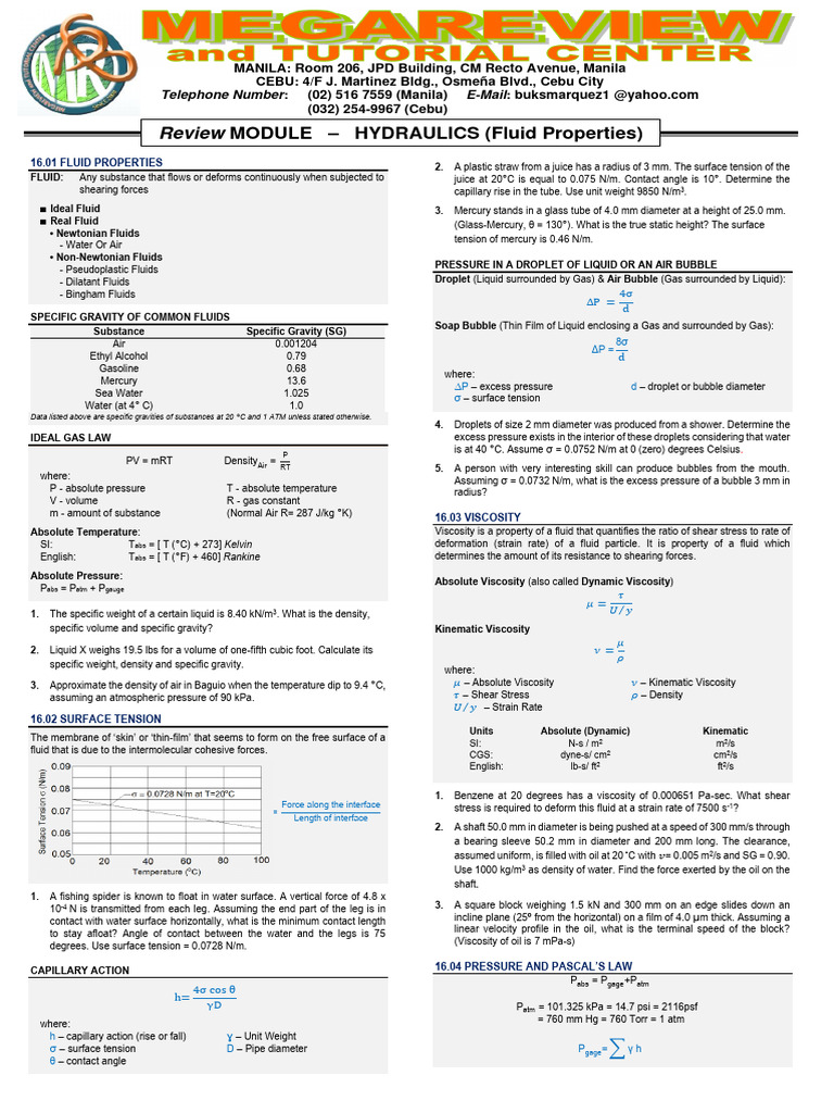 Review Module 16 - Hydraulics 1 - Part 1 | PDF | Viscosity | Fluid