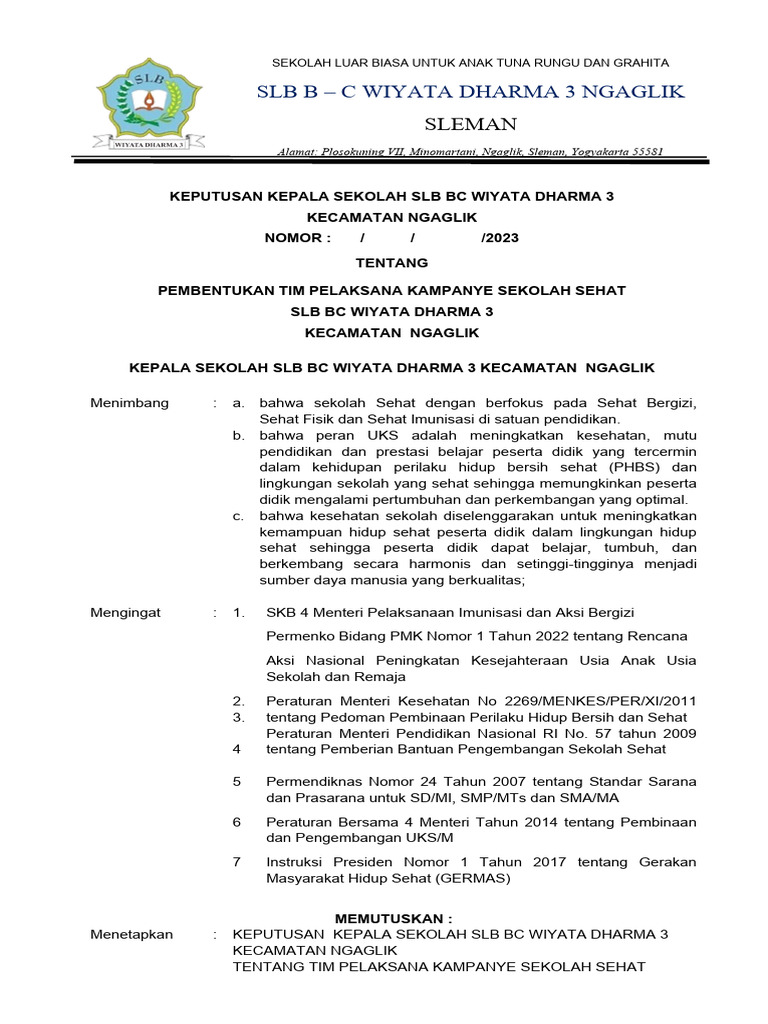 Contoh SK Tim Pembina Uks Lembaga | PDF