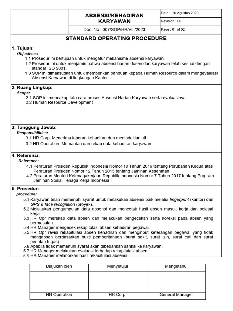 SOP Absensi Karyawan dan Evaluasi | PDF