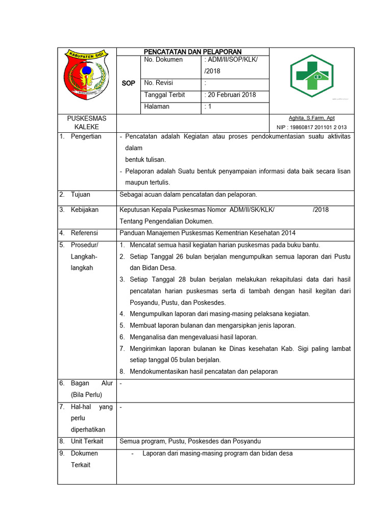 SOP.2.3.7.4 Sop Pencatatan Dan Pelaporan | PDF