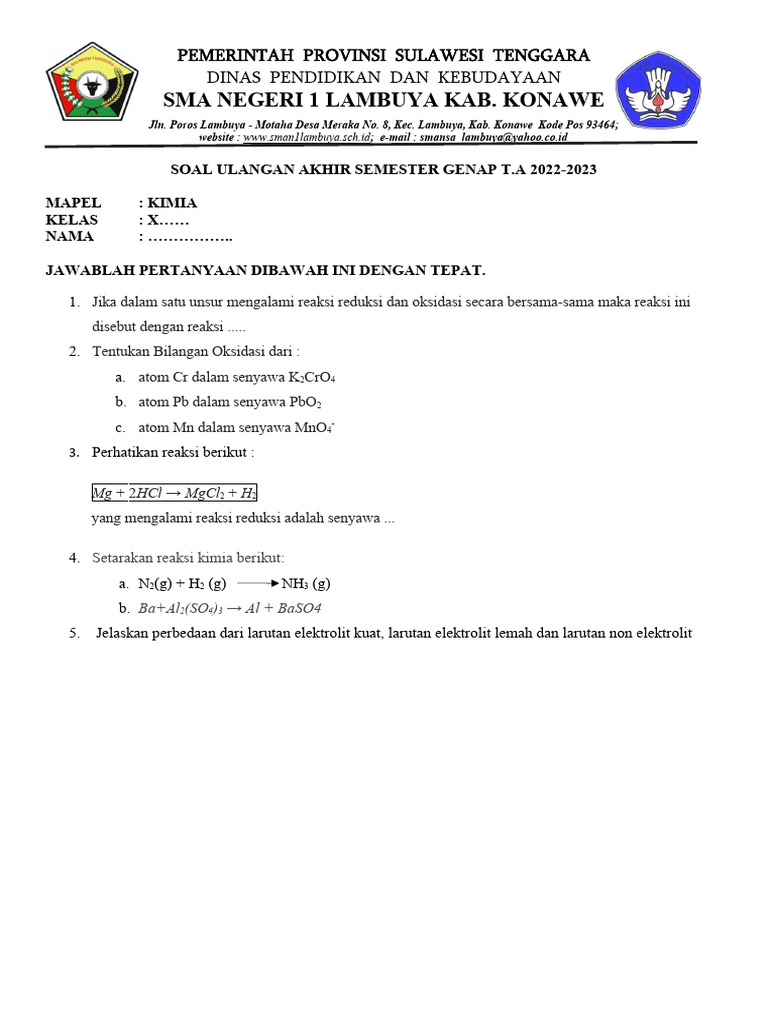 SOAL Kimia Kelas X Semester Genap T.A. 2022-2023 | PDF