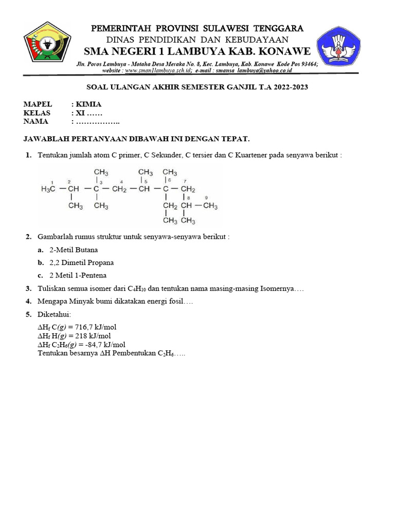 SOAL Kimia Kelas XI Semester Ganjil T.A. 2022-2023 | PDF