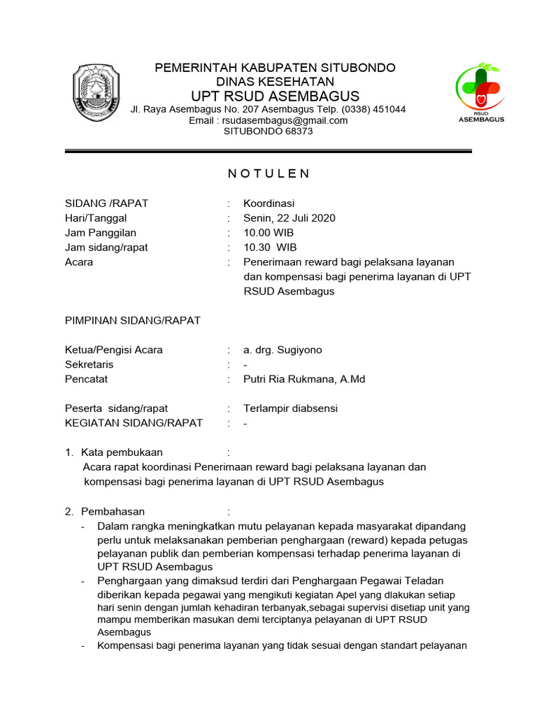 Notulen Rapat Koordinasi RSUD Asembagus | PDF
