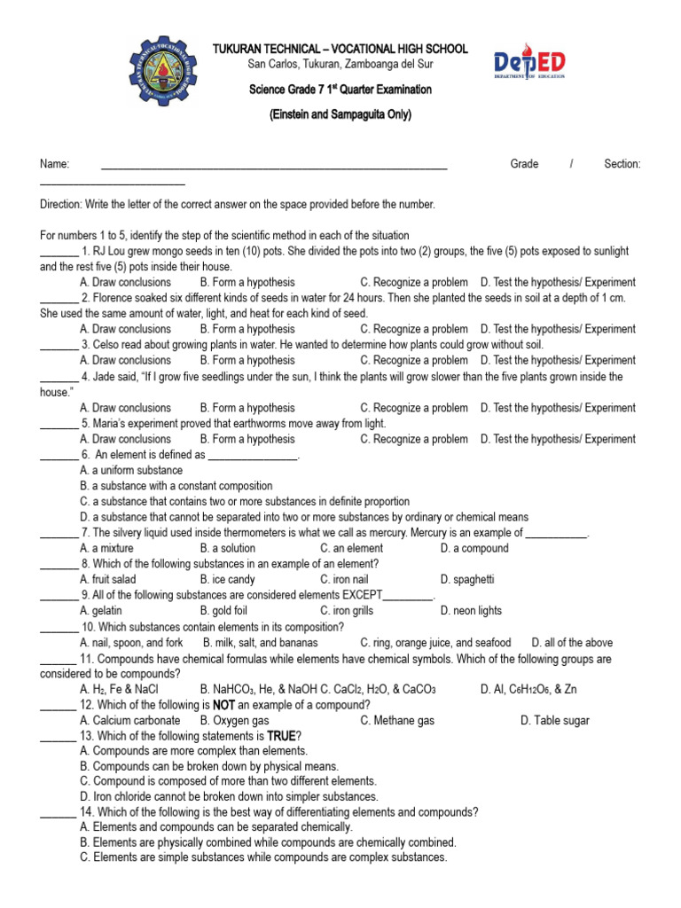 Science Grade 7 Q1 Exam | PDF | Mixture | Chemical Substances
